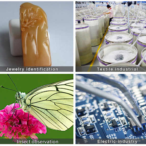 Microscope stéréo trinoculaire 3.5X-90X, zoom 360° rotatif, double bras ...