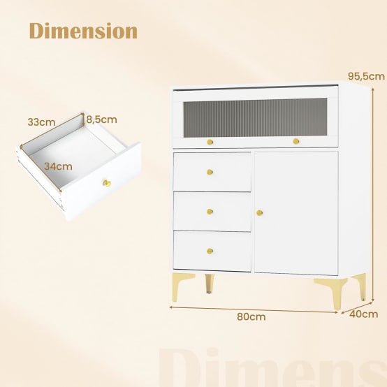 Commode de Rangement avec Placard, Porte en Verre Strié Basculante, 3 ...