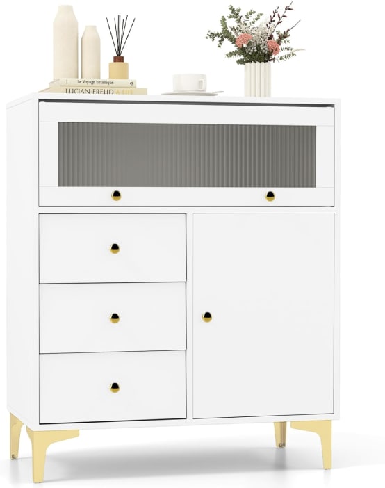 Commode de Rangement avec Placard, Porte en Verre Strié Basculante, 3 ...