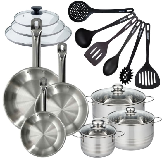 Set 3 poêles 20 24 28 cm en inox, 3 couvercles verre, 3 faitouts inox 16, 20 et 24 cm et 6 ...