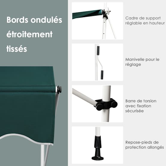 Auvent Rétractable Manuel 150x125CM Hauteur Réglable Métal Tissu pour ...