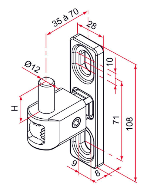 Gond de portail MULTIFIX T à axe réglable de 35 à 70mm diamètre pivot ...