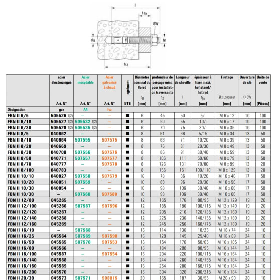 Goujons d‘ancrage FBN II acier électrozingué 6/10X55 boîte de 100 - FISCHER - 505527 - Jardiland