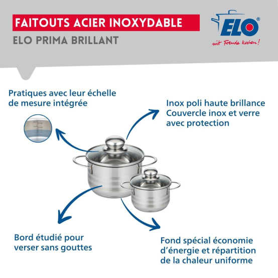 Ensemble de 4 Poêles de cuisson 20, 24, 28 et 32 cm et 2 faitouts 12 et 16 cm Elo Prima Brillant ...