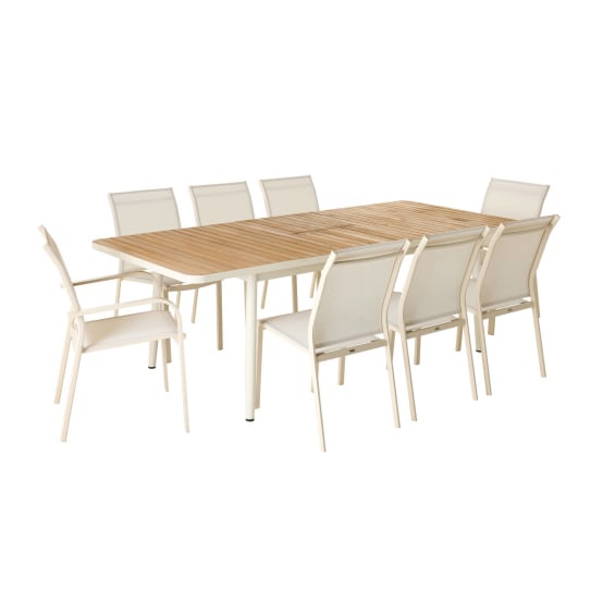 Table de jardin extensible teck et aluminium blanc 8 chaises 2 fauteuils 190/240cm - Jardiland