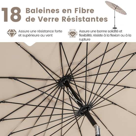 Parasol de Terrasse Rond de 265cm Parasol avec 18 Baleines en Fibre de ...
