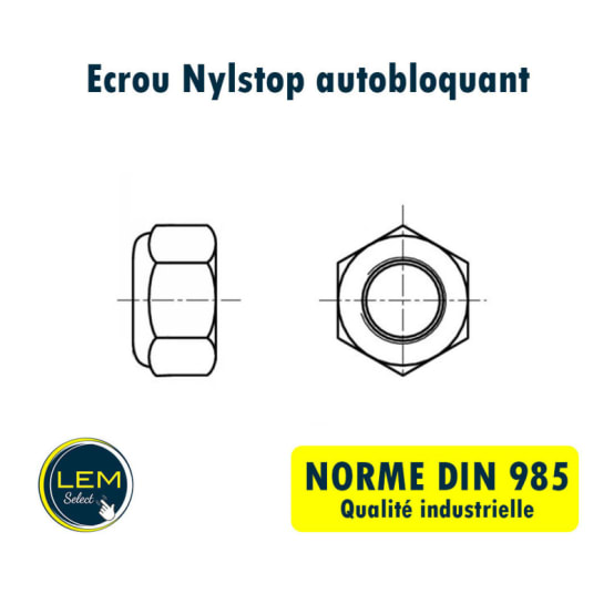 Lot de 10 - Écrou frein Nylstop hexagonal autobloquant M16 avec nylon DIN 985 classe 8 zingué ...