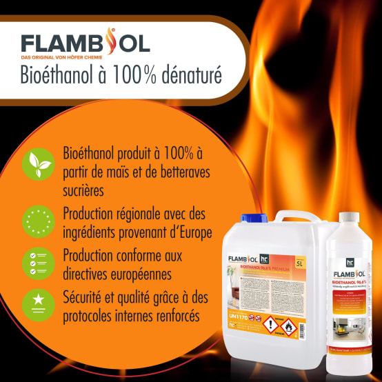 Bioéthanol 96,6% FLAMBIOL® pour cheminées - Bidon de 5L - Jardiland