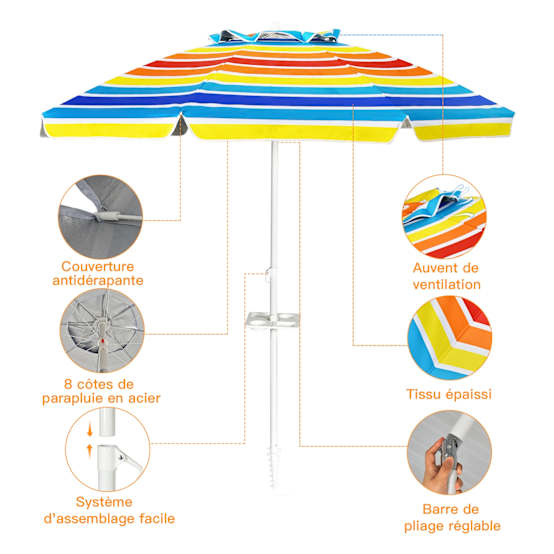Parasol de Plage Inclinable 2,2 M avec Porte-Gobelet Protection Solaire ...