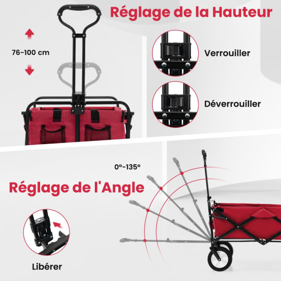 Chariot Roulant Pliable 82 L Chariot Robuste avec Poignée Réglable et ...