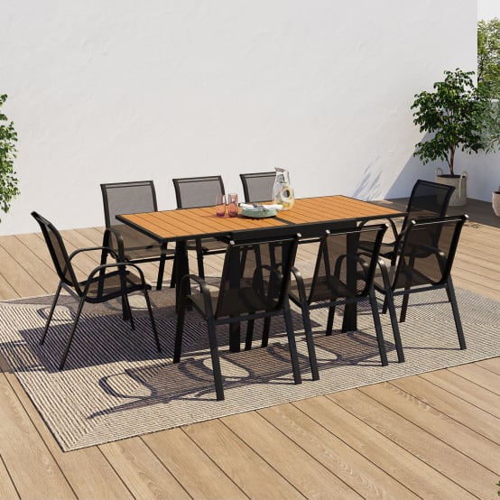 Salon de jardin POLY table extensible 90-180 CM et 8 chaises bois et noir - Jardiland