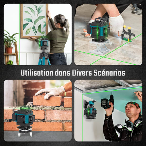 Niveau Laser 4 x 360° 4D 16 Lignes Auto-Nivelant, Laser Chantier avec 2 x 3000mAh Batterie ...