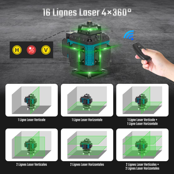 Niveau Laser 4 x 360° 4D 16 Lignes Auto-Nivelant, Laser Chantier avec 2 x 3000mAh Batterie ...