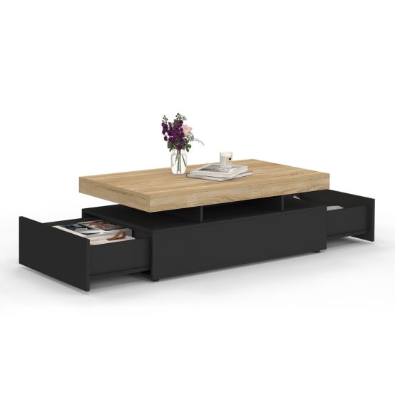 Table basse rectangulaire ELSA 100 cm 2 tiroirs en bois noir et plateau ...