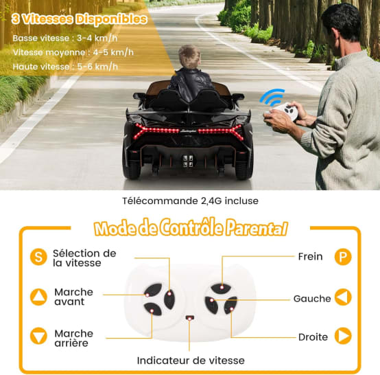 12V Lamborghini Voiture Electrique Enfants avec Télécommande 2,4G, Charge 30kg pour 3-8 Ans ...