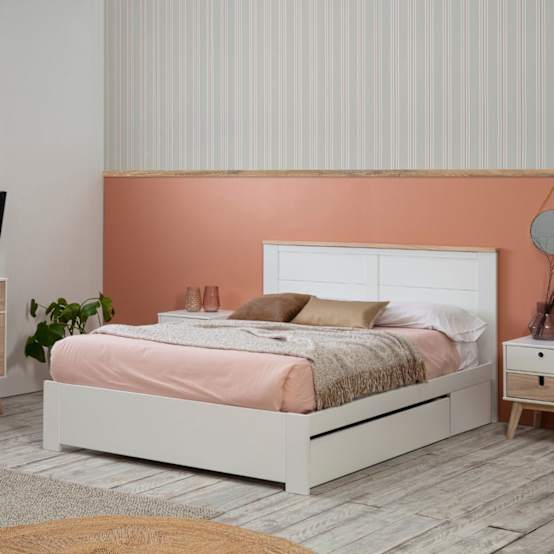 Lit 140x190cm avec tiroir en MDF et pin coloris blanc et naturel - CELAN - Jardiland