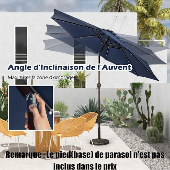 Parasol Inclinable Dia.300cm LED Dolaire en Scier Toile Polyester pour ...