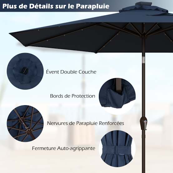 Parasol Inclinable Dia.300cm LED Dolaire en Scier Toile Polyester pour ...