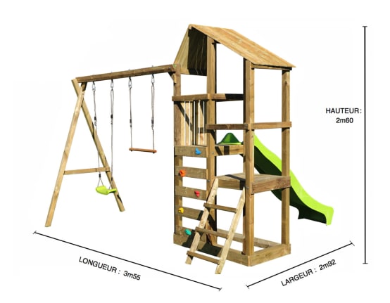 Tour de jeux en bois WOUPI avec balançoire, trapèze, toboggan, mur ...