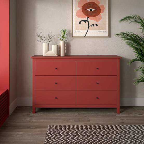 Commode 6 tiroirs en pin massif laqué rouge bordeaux - MYSIA - Jardiland
