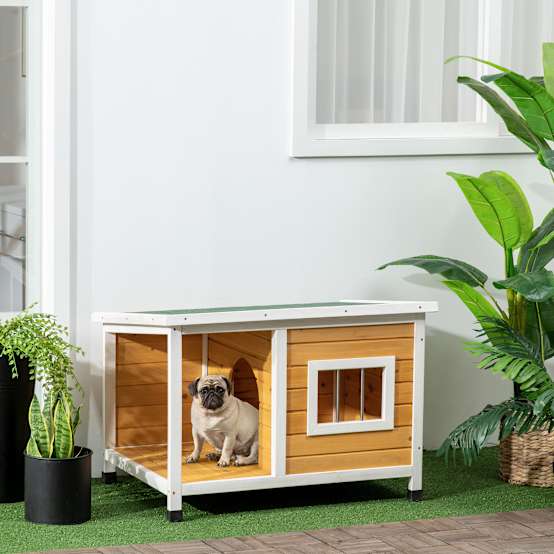 Niche Chien Bois Terrasse Toit Relevable Fenêtre Aération Abri Orange ...