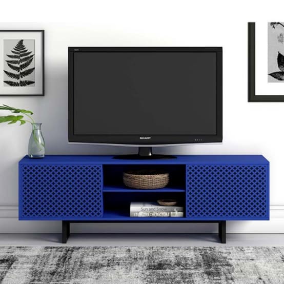 Meuble TV 2 Portes 2 Niches Diamant "Camden" 150cm Bleu - Jardiland