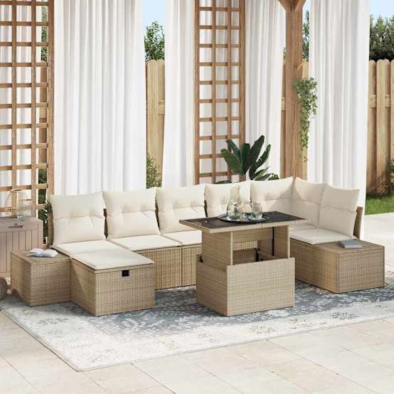 Salon d'extérieur 8 pièces modulable en poly rotin pour jardin Beige ...