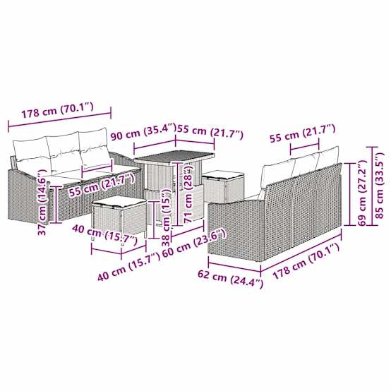 Salon de Jardin à Dîner 9 Éléments Modulable en Poly Rotin et Bois Noir ...