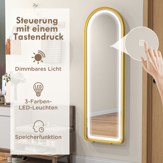 Miroir LED sur Pied Aluminium Chambre Tactile Dimmable 50x151cm Doré ...