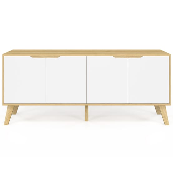 Buffet bas scandinave 140 cm FINN 4 portes blanc et bois façon hêtre ...