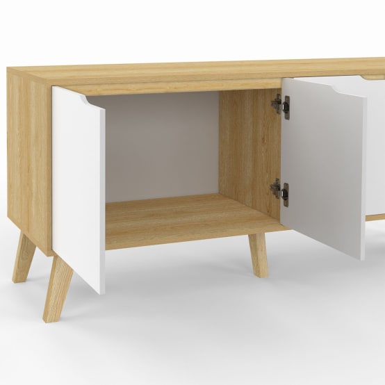 Buffet bas scandinave 140 cm FINN 4 portes blanc et bois façon hêtre ...