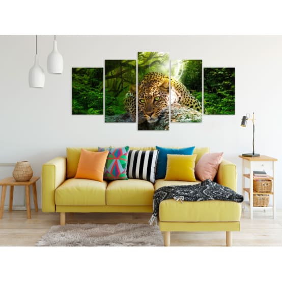 Tableau 5 Panneaux "Leopard Lying Wide Green" 100 x 200 cm - Jardiland