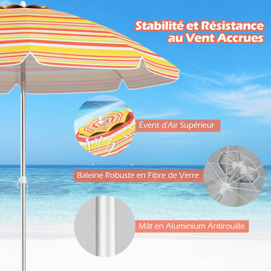 Parasol de Plage de 198cm avec Bouton Poussoir Inclinable Ancrage pour ...