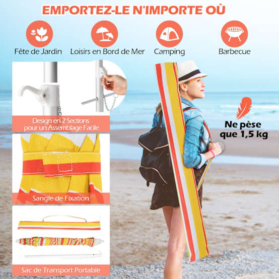 Parasol de Plage de 198cm avec Bouton Poussoir Inclinable Ancrage pour ...