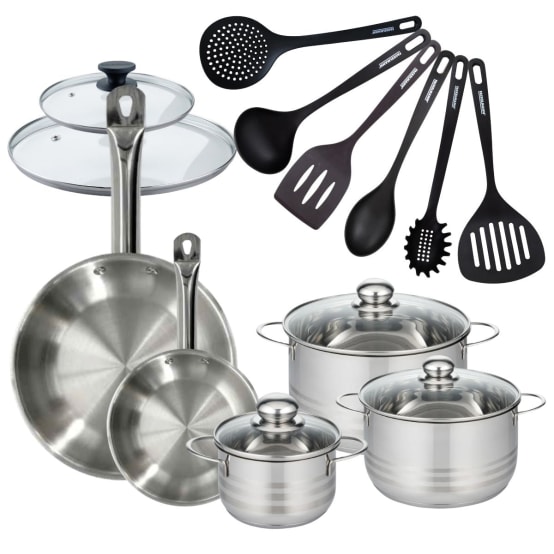 Set 2 poêles 20 28 cm en inox, 2 couvercles verre, 3 faitouts inox 16, 20 et 24 cm et 6 ...