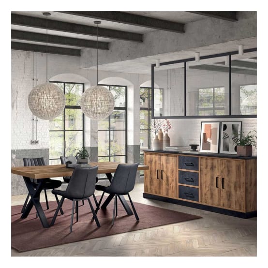 Ensemble Table 200cm + Buffet 4 Portes Aspect Bois et Métal - JENNA ...