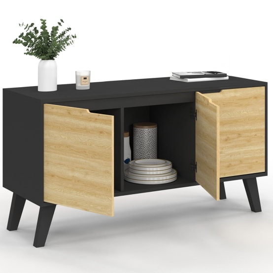 Buffet bas scandinave 113 cm FINN 3 portes noir et bois façon hêtre ...