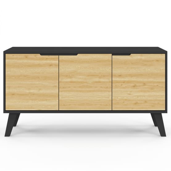 Buffet bas scandinave 113 cm FINN 3 portes noir et bois façon hêtre ...