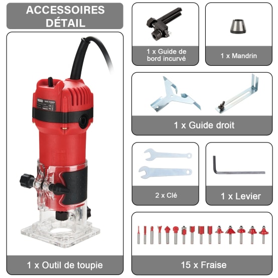 Fraiseuse/raboteuse électrique 800 W, 31 000 tr/min, fournie avec 15 ...