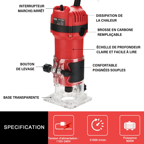 Fraiseuse/raboteuse électrique 800 W, 31 000 tr/min, fournie avec 15 ...