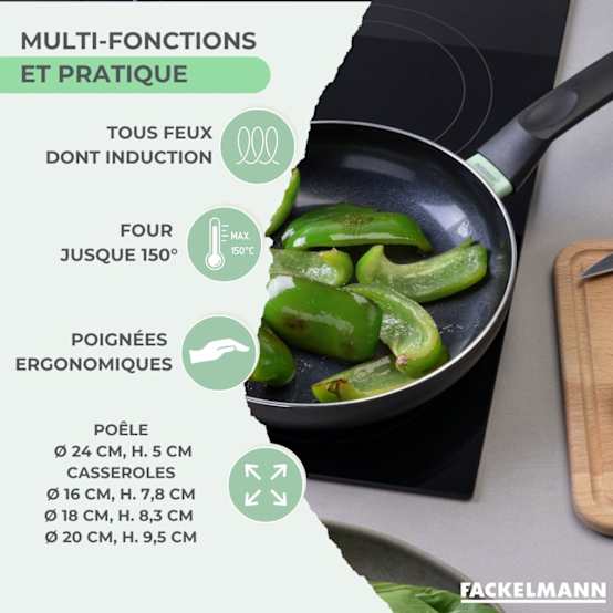 Lot Poêle 24cm et 3 Casseroles 16/18/20 cm sans PFAS Fackelmann Brandao ...