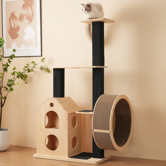 Arbre à chat bois massif 152cm avec roue d'exercice et niches pour chat ...