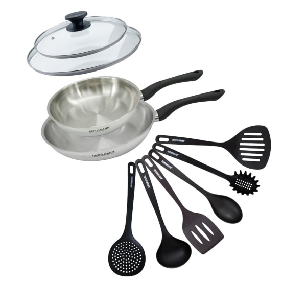 Set 2 poêles 24 et 28 cm en inox, couvercles verre et 6 ustensiles Fackelmann Geneva - Jardiland