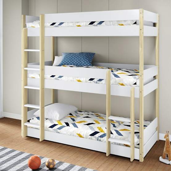 Lit superposé 3 couchages 90x190 en MDF laqué blanc et pin naturel - SOMIS - Jardiland