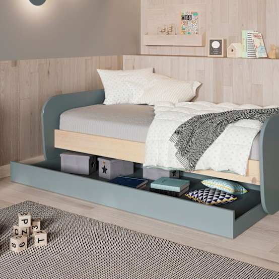 Lit 90x190 avec tiroir tête et pied de lit arrondis en pin massif naturel et MDF laqué vert kaki ...