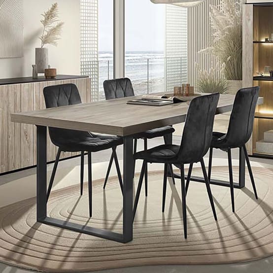 Table repas 200cm plateau aspect bois clair pieds U métal noir - BEACH ...