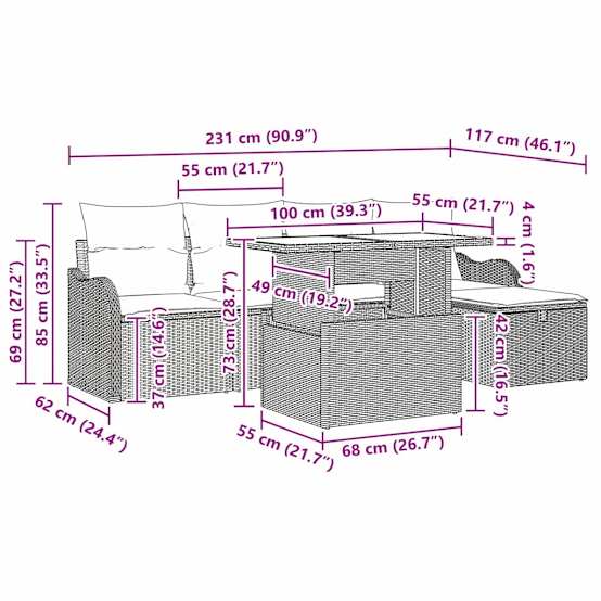 Salon de jardin bas 5 places en poly rotin avec coffres de rangement ...