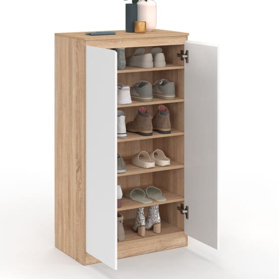 Armoire à chaussures 18 paires TOMI 2 portes façon hêtre et blanc ...