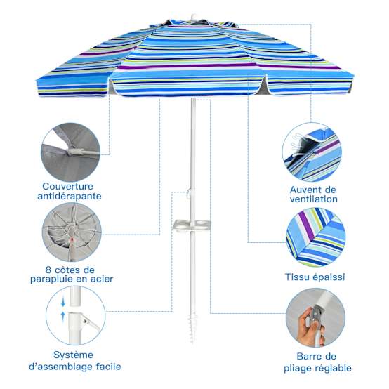 Parasol de Plage Inclinable 2,2 M avec Porte-Gobelet Protection Solaire ...