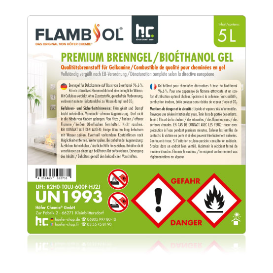 Gel combustible bioéthanol FLAMBIOL® Premium en bidon de 5L - Idéal ...